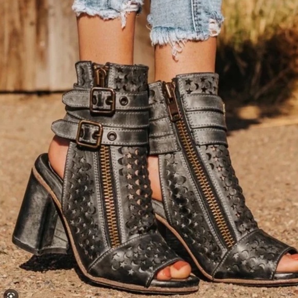 Freebird by Steven | Shoes | Freebird Theresa Heeled Peep Toe Booties Moon And Stars Distressed ...